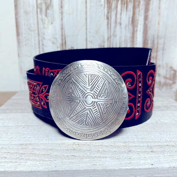 Chico's | Accessories | Chicos Wide Black Leather Red Stitch Sequin ...